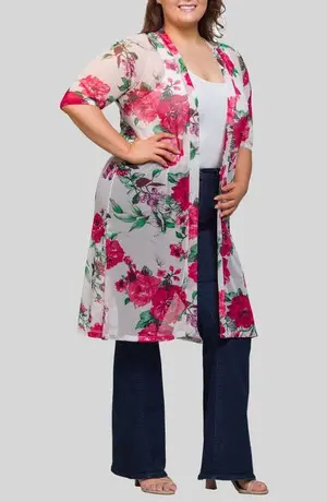 24SEVEN COMFORT APPAREL Floral Duster Cardigan - White Multi