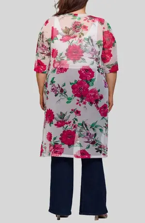 24SEVEN COMFORT APPAREL Rose Print Sheer Open Front Long Jacket