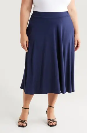 24SEVEN COMFORT APPAREL Flowy Jersey Midi Skirt - Navy
