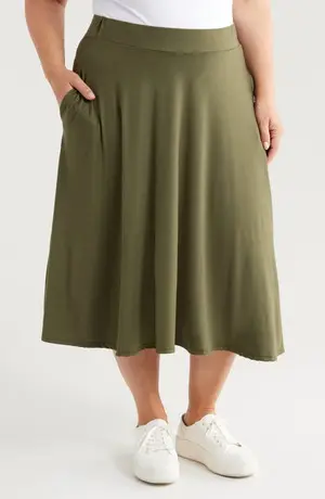 24SEVEN COMFORT APPAREL Flowy Jersey Midi Skirt - Olive