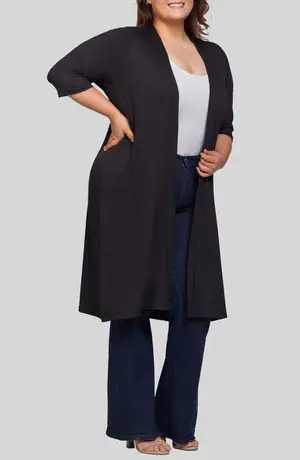 24SEVEN COMFORT APPAREL Open Front Knee-length Jacket - Black
