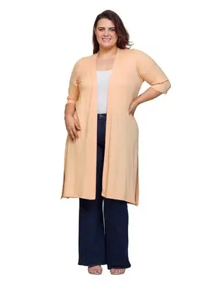 24SEVEN COMFORT APPAREL Open Front Knee Length Duster Cardigan Melon