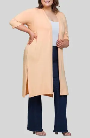 24SEVEN COMFORT APPAREL Open Front Knee Length Duster Cardigan - Melon