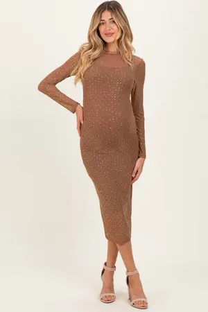 PINKBLUSH Rhinestone Mesh Long Sleeve Midi Dress