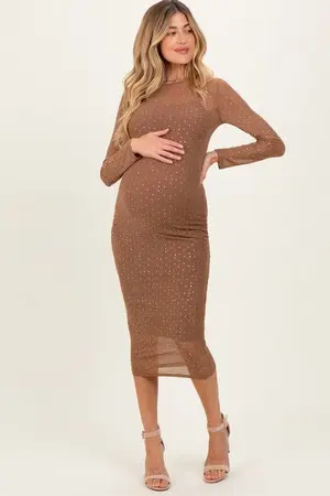PINKBLUSH Rhinestone Mesh Long Sleeve Midi Dress