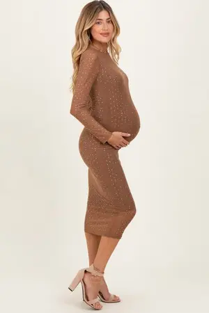 PINKBLUSH Rhinestone Mesh Long Sleeve Midi Dress