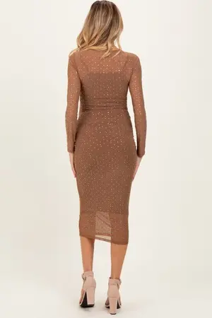 PINKBLUSH Rhinestone Mesh Long Sleeve Midi Dress