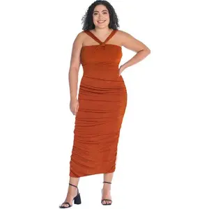 24SEVEN COMFORT APPAREL Cross Neck Stretch Body-con Dress - Rust