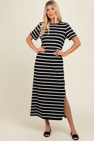 PINKBLUSH Striped Side Slit Maxi Dress - Black
