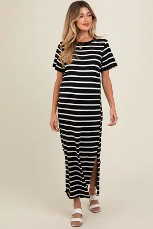 PINKBLUSH Striped Maxi Dress With Side Slit - Black
