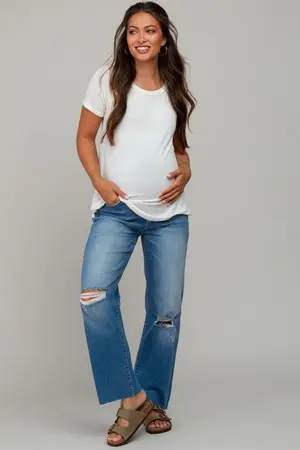 PINKBLUSH Straight Leg Frayed Hem Maternity Jeans - Blue