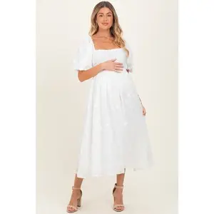 PINKBLUSH Embroidered Floral Puff Sleeve Midi Dress - Ivory