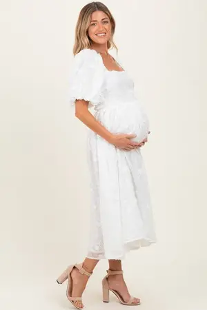 PINKBLUSH Embroidered Floral Puff Sleeve Midi Dress - Ivory