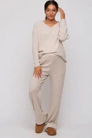 PINKBLUSH Ribbed Soft Knit Long Sleeve Pajama Set Beige