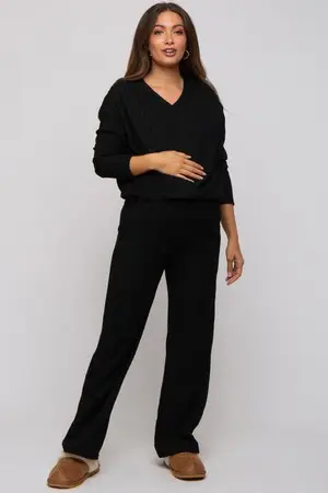 PINKBLUSH Ribbed Soft Knit Long Sleeve Pajama Set Black