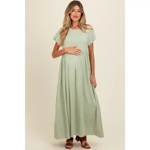 PINKBLUSH Ruffle Trim Empire Waist Maternity Maxi Dress - Light Olive