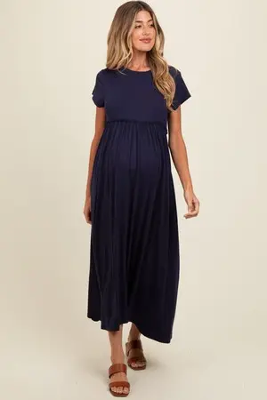 PINKBLUSH Ruffle Trim Empire Waist Maxi Dress - Navy Blue