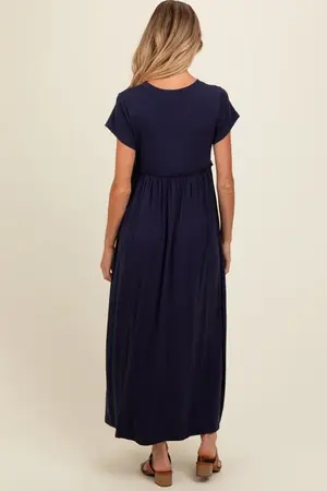PINKBLUSH Ruffle Trim Empire Waist Maxi Dress - Navy Blue