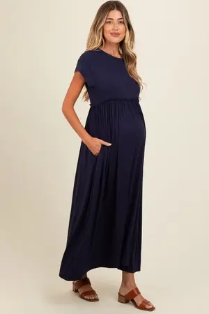 PINKBLUSH Ruffle Trim Empire Waist Maternity Maxi Dress - Navy Blue