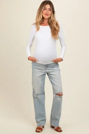 PINKBLUSH Open Knee Relaxed Straight Leg Maternity Jeans - Light Blue