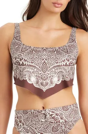 Sanctuary Printed Handkerchief Hem Tankini Top - Espresso