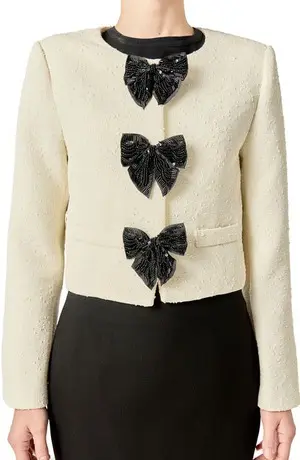 English Factory Sequin Bow Jacquard Crop Jacket