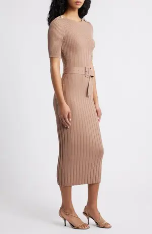 FREEMARKET Belted Ribbed Midi Sweater Dress