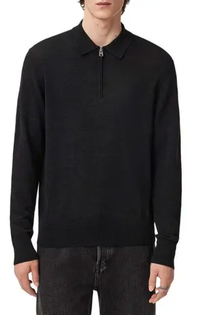 ALLSAINTS Albany Merino Wool Quarter Zip Polo - Cinder Black