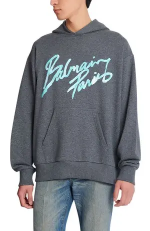 Balmain Printed Cotton Jersey Hoodie - Grey