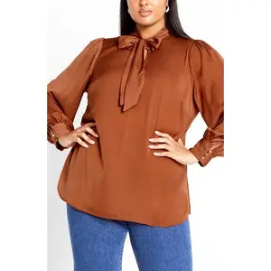 City Chic Charmeuse Bow Blouse - Toffee