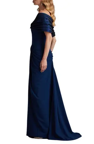 Tadashi Shoji Off-the-shoulder Ruched Crepe Gown