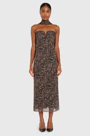 Amanda Uprichard Lara Strapless Midi Dress With Detachable Scarf - Chocolate Multi