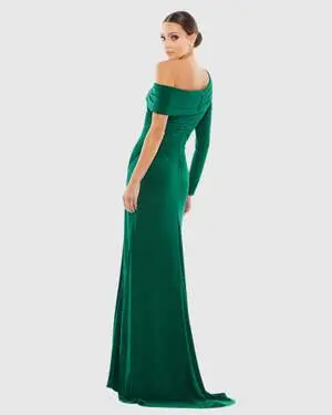 Mac Duggal Ruched Jersey Drop Shoulder Foldover Gown - Green