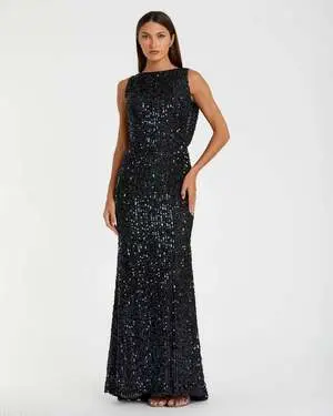 Mac Duggal Sequin Cowl Back Evening Gown - Navy