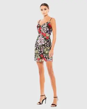 Mac Duggal Floral Embroidered Lace-up Mini Dress