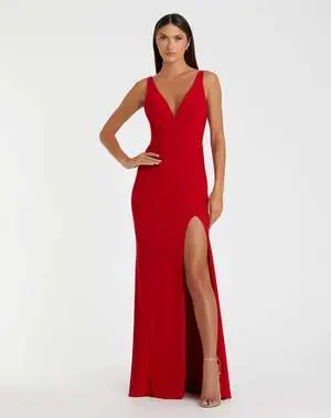 Mac Duggal Plunge Neck Gown With High Slit