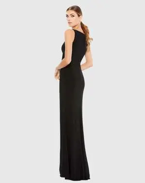 Mac Duggal Sleeveless Faux Wrap Gown With Ruching And Slit - Black