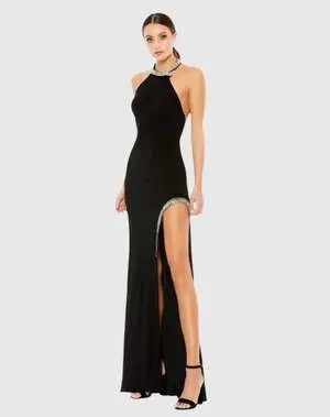 Mac Duggal Rhinestone Accented Halter Gown