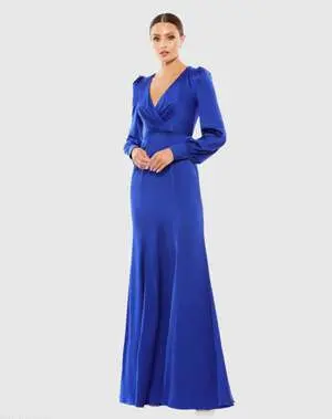 Mac Duggal Satin Ruched Bishop Sleeve Gown - Blue