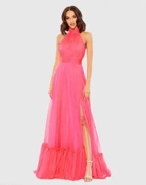 Mac Duggal High Neck Tiered Chiffon Halter Gown - Pink