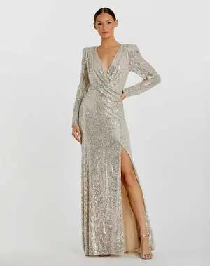 Mac Duggal Sequin Long-sleeve Faux Wrap Ruched Gown