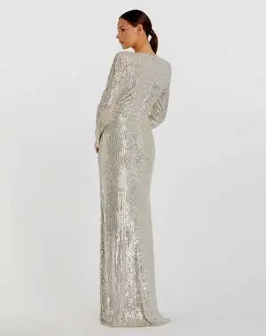 Mac Duggal Sequin Long-sleeve Faux Wrap Ruched Gown