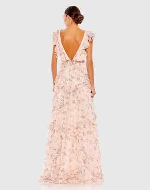 Mac Duggal Ruffled Floral Print Cap Sleeve Gown - Pink