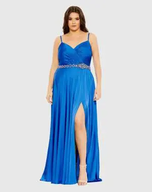 Mac Duggal Bejeweled Waist Faux Wrap Gown