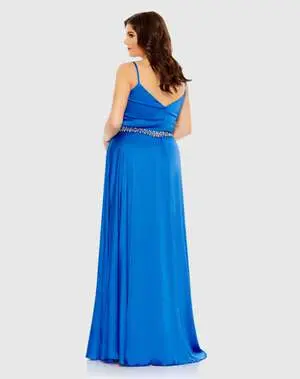 Mac Duggal Bejeweled Waist Faux Wrap Gown