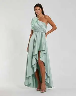 Mac Duggal Ruffled One-shoulder Hi-low Gown With Cut Out - Green