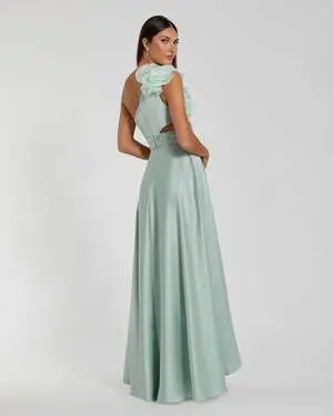 Mac Duggal Ruffled One-shoulder Hi-low Gown With Cut Out - Green