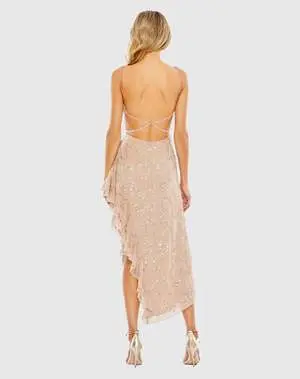 Mac Duggal Sequin Faux Wrap Ruffled Asymmetrical Hem Dress