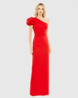 Mac Duggal One-shoulder Gown With Puff Sleeve