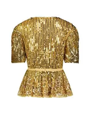 Mac Duggal Sequined Puff Sleeve Faux Wrap Top